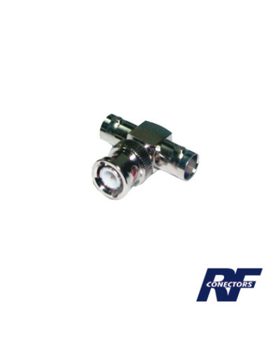 Adaptador en T para 50 Ohm de BNC Macho a Doble BNC Hembra, Maquinado, Níquel/ Oro/ Teflón.