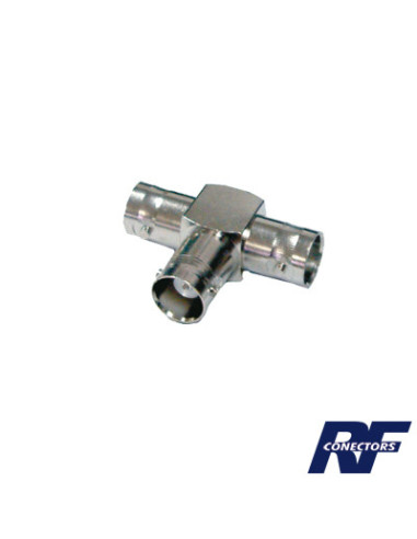 Adaptador Triple en T para 50 Ohm de BNC Hembra a Doble BNC Hembras, Níquel/ Plata/ Teflón.